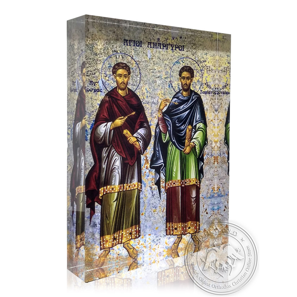Saints Anargyroi - Diaphanous Byzantine Icon | OramaWorld.com