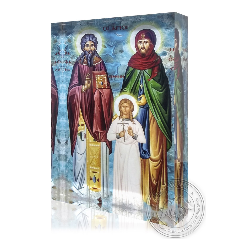 Saints Raphael, Nicolaos and Irene - Diaphanous Byzantine Icon | OramaWorld.com